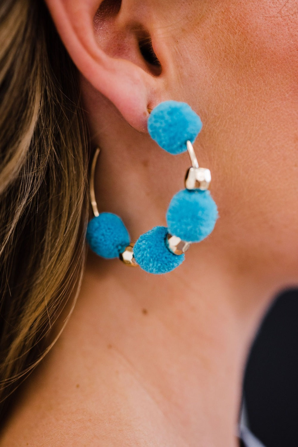 Miley Pom Pom Hoop Earrings Final Sale Turquoise Modern and Chic Boutique